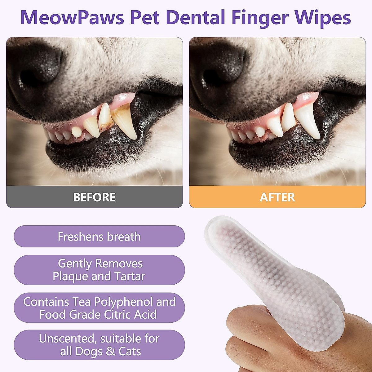 MeowPaws Dog Teeth Cleaning Wipes and Ear Wipes 240 Counts Gift Packaging, Pet Dental Finger Wipes for Dogs and Pet Ear Cleaner Finger Wipes, Gently Remove Ear Wax and Reduces Plaque, Freshen Breath