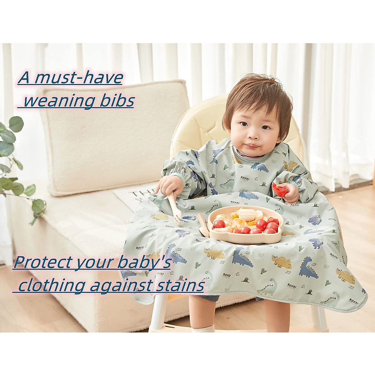 NEHET Coverall Baby Feeding Bibs,Weaning Bibs,Waterproof Long Sleeves Bibs For Baby 6-36 Months Fully Cover Baby & High Chair