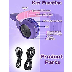 Usoun Kids Wireless Headphones,Cat Ear LED Light Up Wireless Foldable Headphones Over Ear with MIC,Stereo Sound,FM Radio/TF Card,Childrens Headset for Boys Girls Adults,School Study Home (Purple)