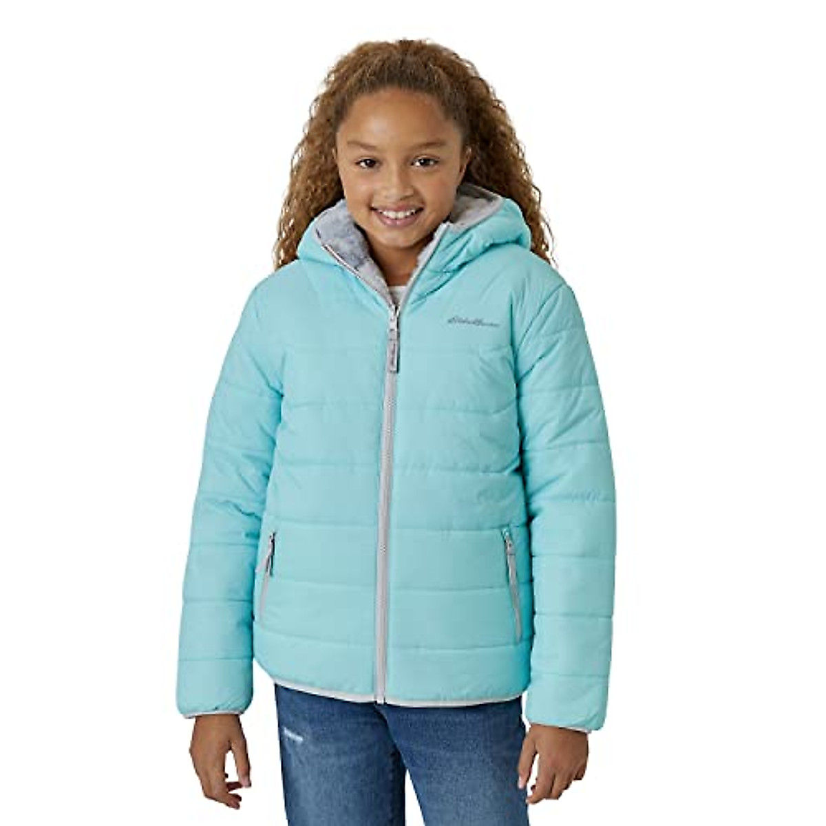 Eddie Bauer Girls' Reversible Jacket - Deer Harbor Waterproof Lightweight Puffer Coat with Faux Shearling Lining (5-20), Size 5/6, Aqua