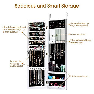 Giantex Jewelry Armoire Cabinet Wall Door Mounted with Full Length Mirror, Jewelry Organizer with Makeup Mirror, Ring Earring Slots, Necklace Hooks, Large Capacity Storage Jewelry Armoire (White)