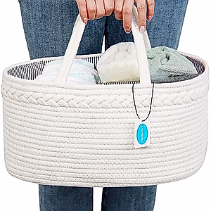 Casaphoria Woven Sundries Hamper Cotton Rope Basket Baskets for Storage,Storage Caddy,Cotton Basket,100% Cotton Car Organizer with Handle,Basket for Gift,Cream White(14.2"x8.5"x7.1")