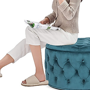 Homebeez 28 Inch Velvet Round Storage Ottoman, Button Tufted Footrest Stool Bench Coffee Table for Living Room(Dark Teal)