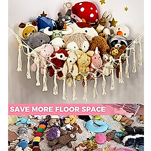 TCGPRO Stuffed Animal Storage - Stuffed Animal Hammock or Net Corner, Boho Stuffed Animal Holder with Tassels, Macrame Hanging Toy Organizer Ideas for Plush Display, Kids Room Bedroom Decor