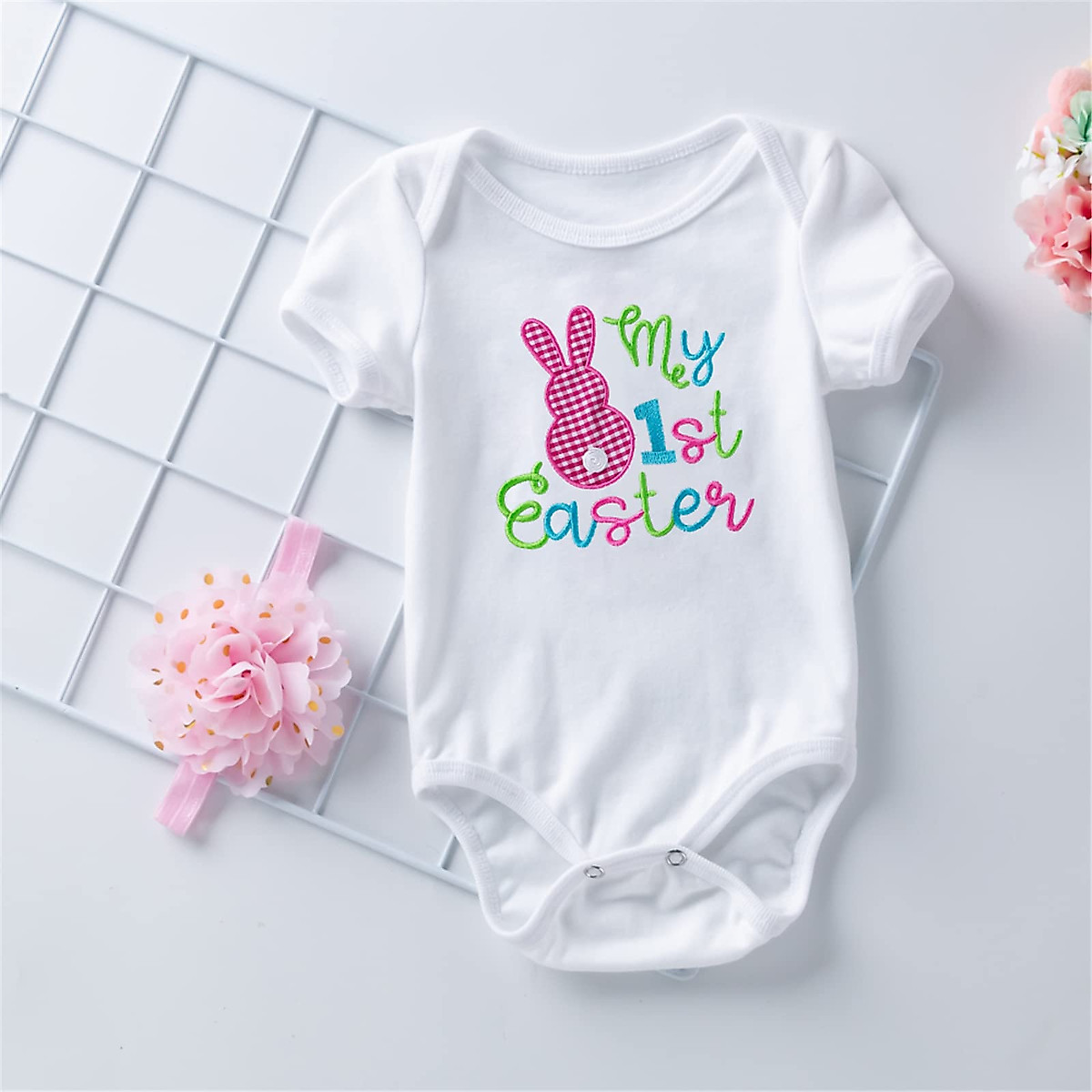 My First Easter Outfits Baby Girl Short Sleeve Rabbit Romper+Tutu Skirt+Headband+Leg Warmers Clothes Set (Pink, 0-3 Months)