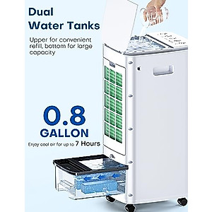 TEMEIKE 3-IN-1 Evaporative Air Cooler, Swamp Cooler Air Conditioner Portable for 1 Room w/Remote, 3 Speeds & 2 Modes, 70° Oscillation & 7H Timer, Windowless Evaporative Cooler for Indoor Office Home