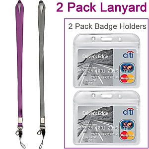 YOUOWO 2 Pack ID Badge Holders with Purple Lanyards Office Neck Strings Strap Grey Lanyard with Horizontal Heavy Duty id Holder PVC Name Tag Card Holder Waterproof Resealable Clear Plastic
