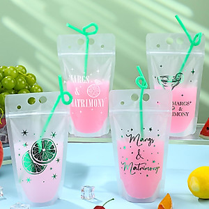 Qilery 24 Pack Margs and Matrimony Bachelorette Party Drink Pouches with Straws, Margarita Drink Bags Handheld Reclosable Zipper Drink Pouch Cups for Bridesmaid Favor Wedding and Bridal Showers