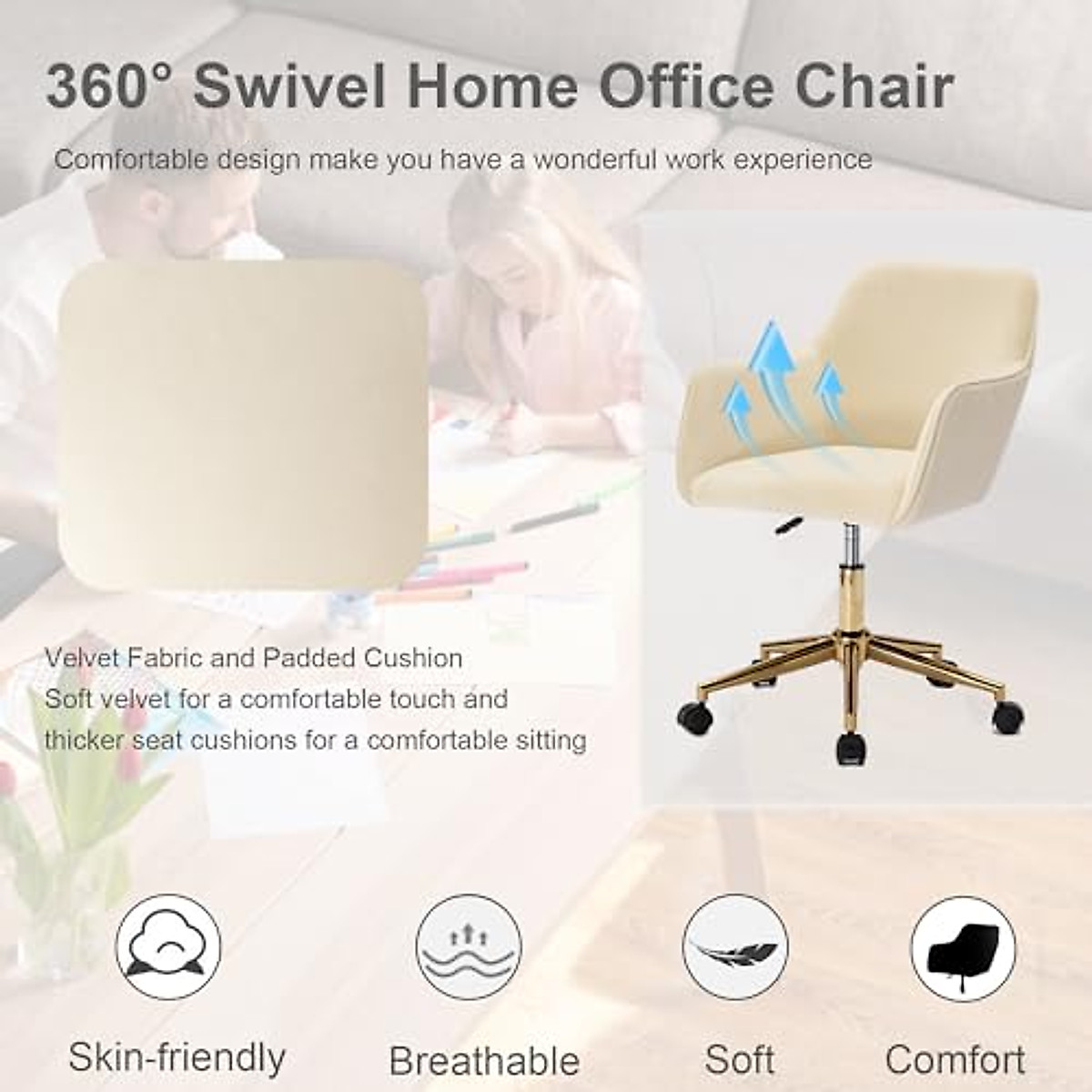 Yoluckea Modern Velvet Home Office Chair, Adjustable Swivel Office Chair for Living Room,Cute Desk Chair for Teen Girl,Upholstered Task Accent Chair Executive Vanity Chair Cream White