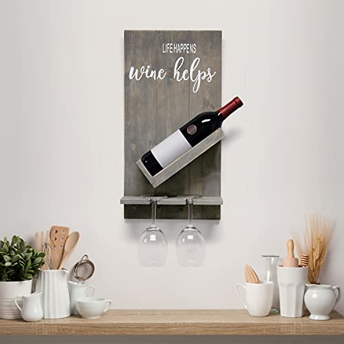 Elegant Designs HG1016-RGY Lucca Quote Saying “Life Happens Wine Helps” Wooden Bottle Shelf with Glass Holder Wall Mounted Wine Rack, Rustic Gray