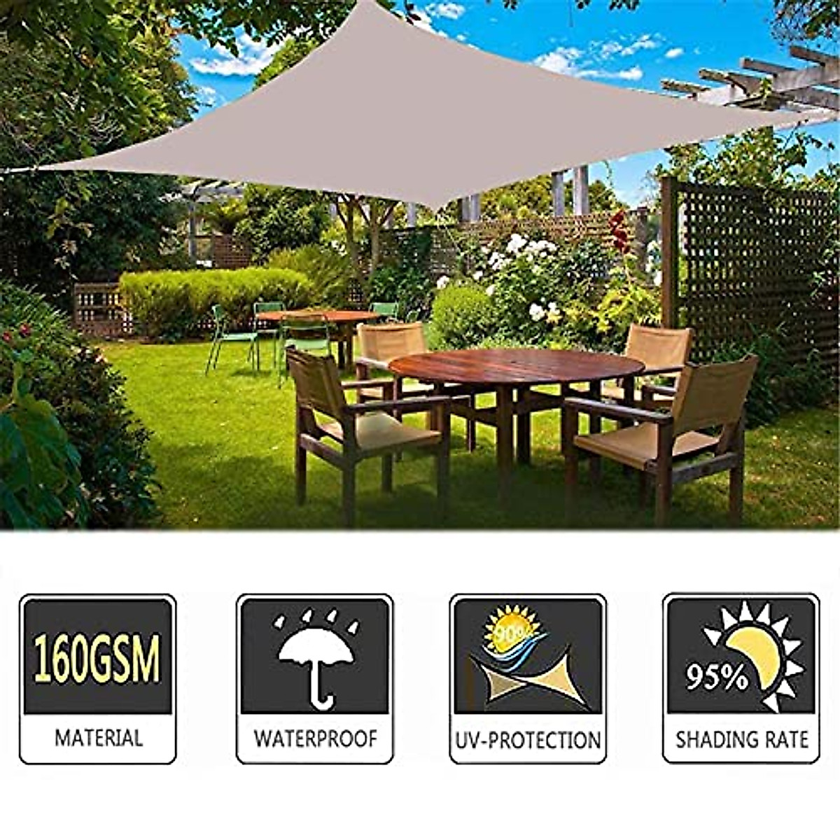 JLCP 2.5X2.5M Waterproof Square Sun Shade Sail, Outdoor Patio Party Rectangle Sunscreen Awning with Fixing Kit,Anti-UV/Sun Protection Garden Sun Shade Canopy with 4 Free Rope,Light Brown