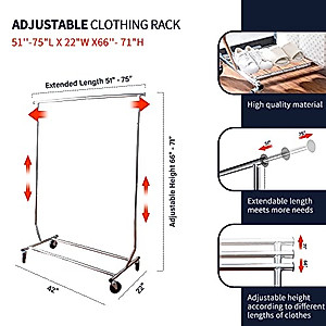 FSUON 450LBS Clothing Garment Rack, Extendable Single Rod Clothes Rack with Wheels & Base, Heavy Duty