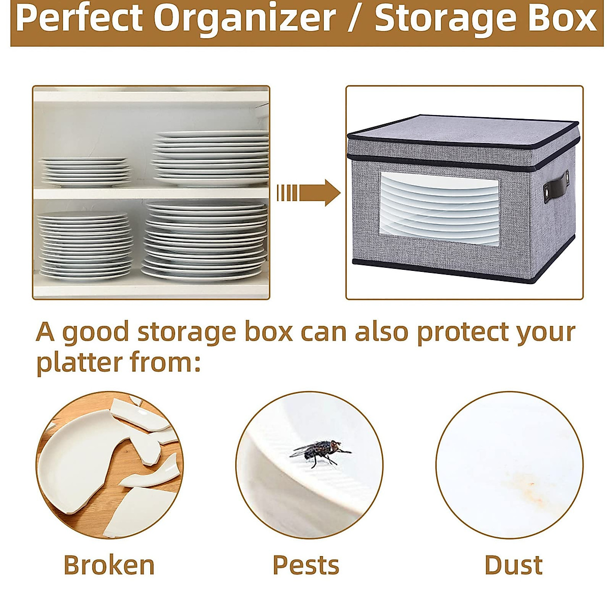 YheenLf 3 Sets China Storage Containers With Lid and Handles, Dinnerware Storage Box for Dishes Plate Storage Containers with 30 Felt Dividers, Hold 30 Plates, 12 x 12 x 8 inches, Grey