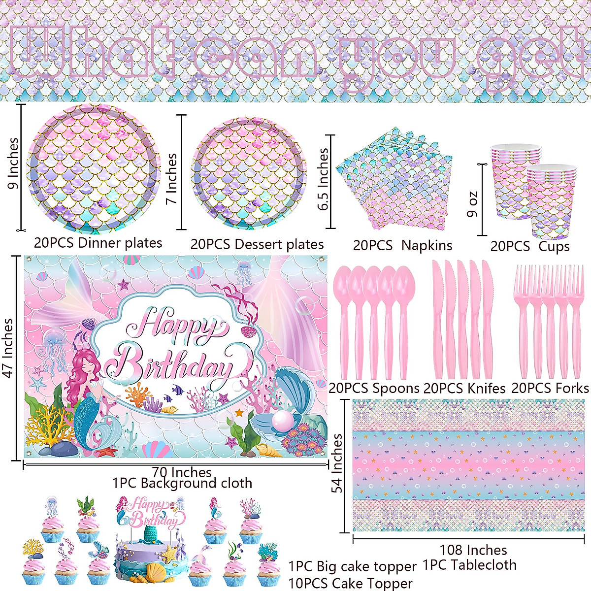 Mermaid Party Supplies Pink Mermaid Birthday Party Decorations Including Plate, Napkin, Cup, Tablecover, Happy Birthday Backdrop, Pink Mermaid Balloon Arch Kit for Girls Baby Shower, Serves 20