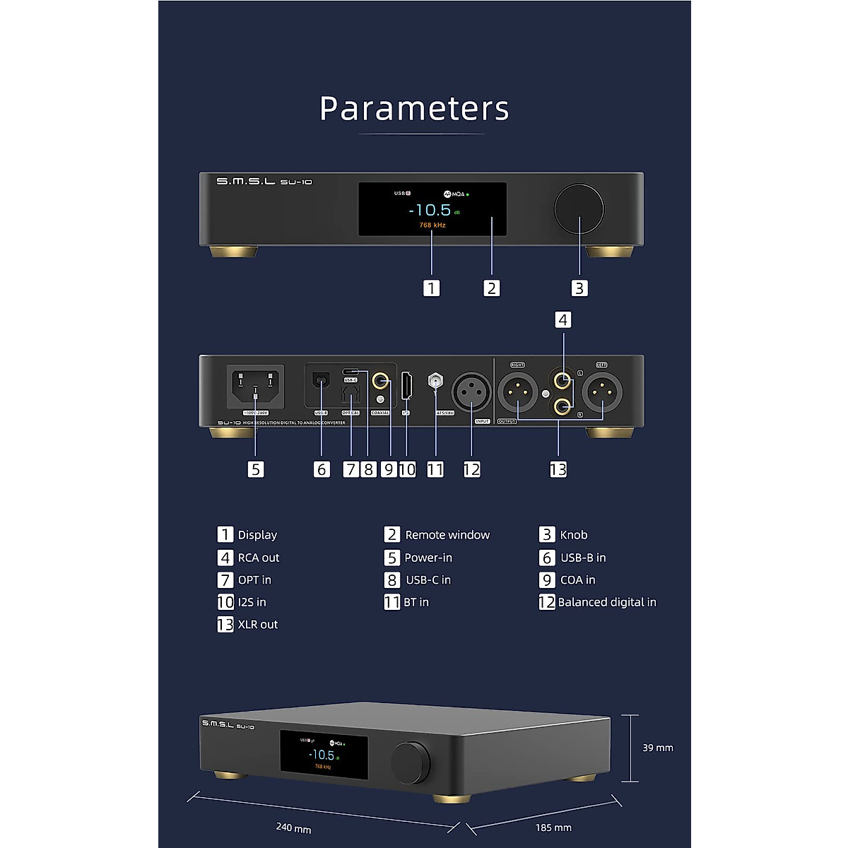 S.M.S.L SU-10 MQA Decoder Dual ES9038PRO Support MQA-CD High-Performance Audio DAC 32Bit/768kHz DSD512 Hi-Res Audio Support LDAC,Aptx/HD,SBC,AAC