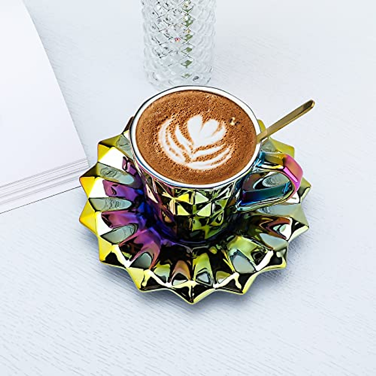 VCXOX Ceramic Coffee Mug, Creative French style Cup with Electroplated Geometry Saucer & Spoon Sets, Novelty Coffee Cup,6 oz/180 ml for Tea Latte Milk (purple)