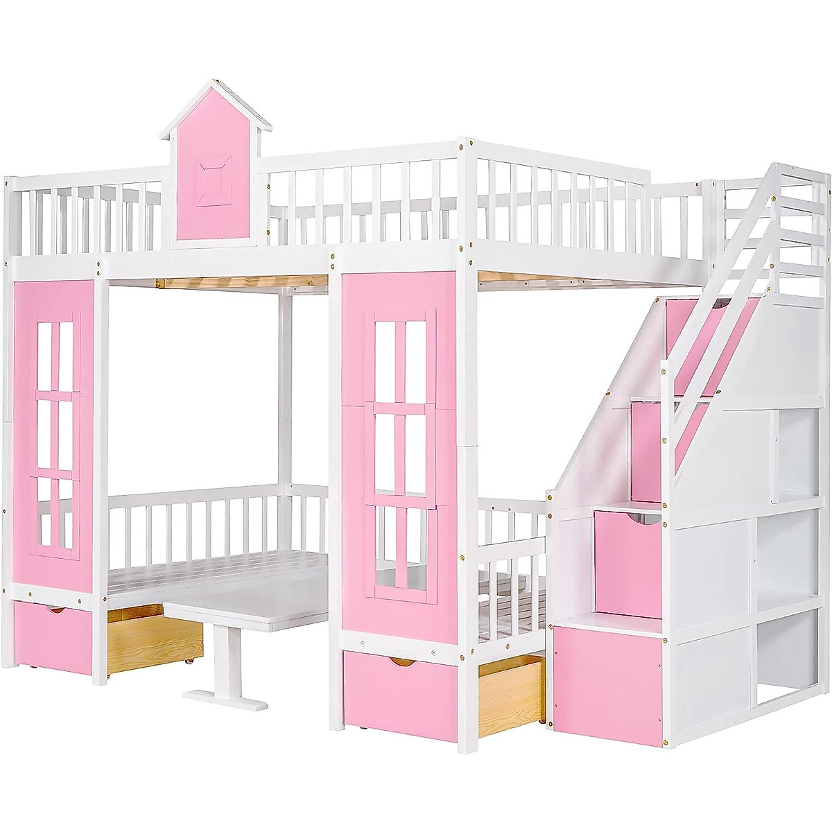 MERITLINE Full Loft Beds with Stairs and Desk, Wooden Castle Shaped Full Over Full Bunk Bed with Changeable Desk,Storage Bunk Bed with Drawers for Kids Girls Boys Teens, Pink