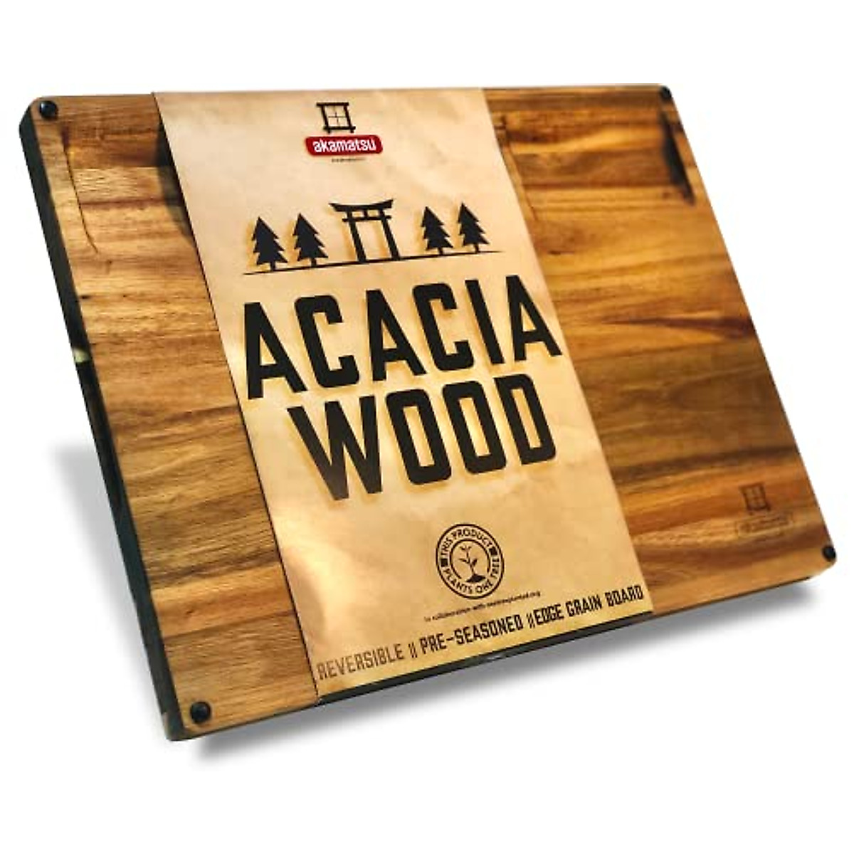 AKAMATSU HOMEWARES | RYOKAN Acacia Wood Cutting Board | Edge Grain XL Cutting Board with Deep Juice Well | 17x13.2x1" Charcuterie Board Serving Platter with Sorting Compartments | Sustainable Gift Box