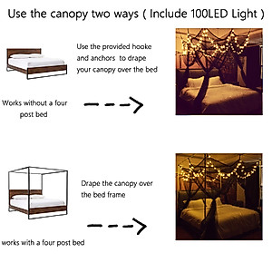 8 Corner Bed Canopy with 100 LED Star String Lights Battery Operated, Bed Netting Unique Style 4 Door Square Canopy Bed Curtains Canopy - Suggested for Twin Full Queen King Bed