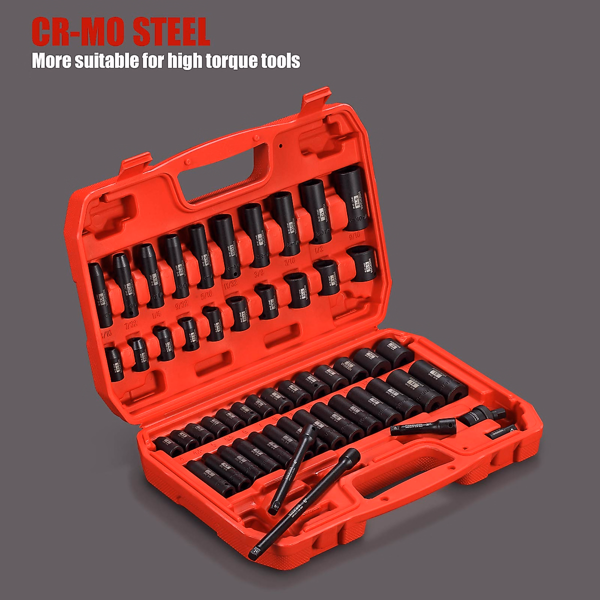 KBOISHA 1/4 Inch Drive Master Impact Socket Set, 53-Piece CR-MO Alloy Steel Socket Set SAE and Metric From 3/16 Inch - 9/16 Inch and 4mm - 15mm Standard and Deep Sockets with Heavy Duty Storage Case