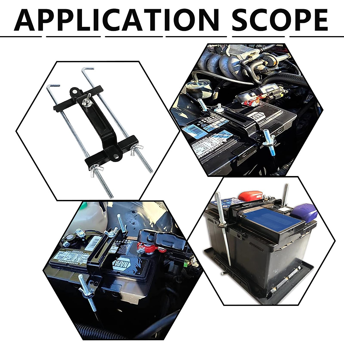 Kewucn Adjustable Battery Hold Down, Car Battery Tie Down Holder Kit, Universal Battery Crossbar with Stainless J Bolt, Automobile Battery Fixing Accessories for Cars, SUV, RV (11 inch bolts)