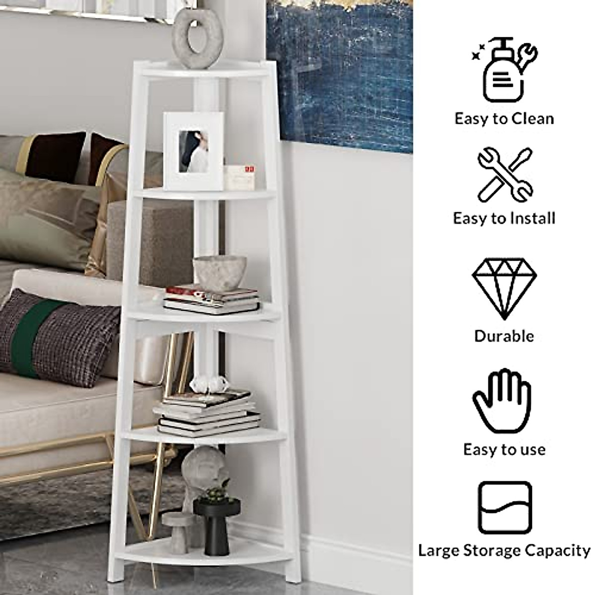 MEETWARM 5 Tier Corner Bookshelf Corner Ladder Shelf Small Bookcase Display Storage Organizer Stand Rack for Living Room Home Office and Kitchen (White)