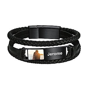 U7 Fathers Gift Bracelet with Picture Side, Braided Black Leather Cuff Bracelet Personalized Photo Printing Custom Engraved Bar Layered Wrap Bracelets for Men Women