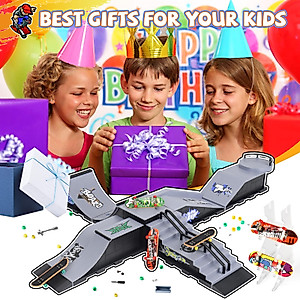 KETIEE Mini Finger Skateboard Ramp, Skate Park Kit with Fingerboard & Mini Finger Shorts for Fingerboards Training Props Interactive Freestyle Skate Game, Finger Skateboards for Kids (A, Red)