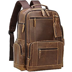 Masa Kawa Vintage Full Grain Leather 15.6" Laptop Backpack for Men Large Camping Travel Rucksack Weekender Daypack, Brown