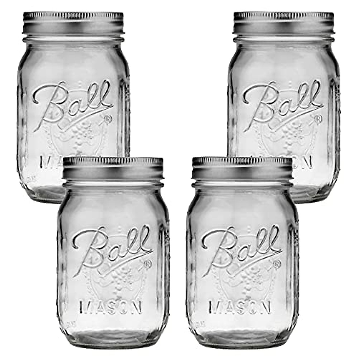 Regular Mouth Mason Jars 16 oz - (4 Pack) - Ball Regular Mouth Pint 16-Ounces Mason Jars With Airtight lids and Bands - For Canning, Fermenting, Pickling, Freezing, Storage + M.E.M Rubber Jar Opener