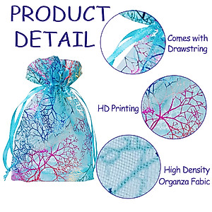 YEKOLEYO 50PCS 5X7 Inches Coral Pattern Organza Drawstring Gift Bags Blue Organza Pouch for Jewelry Candy Chocolate Party Christmas Baby Shower Wedding Favor Gift Bags
