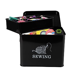 Xbopetda Metal Sewing Box, Sewing Kit Storage Box, 2-Tier Sewing Basket with Removable Tray, Sewing Supplies Organizer, Sewing Storage Box for Sewing Accessories, Scissor, Thread, Pins, Clips (Black)