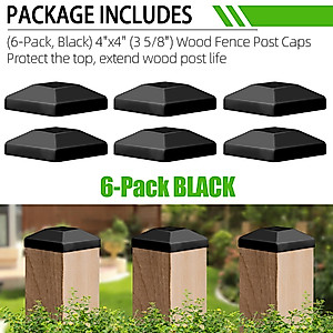 TonGass (6-Pack, Black) 4x4 (3 5/8") Wood Fence Post Caps - Wooden Fence Deck Post Covers - Durable Plastic Water-Proof and UV-Proof - Protect Wooden Fence Poles from Cracking and Rotting