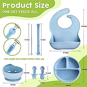 BAEDIMI Baby Led Weaning Supplies - Silicone Baby Feeding Set - Divided Plate, Suction Bowl, Bib, Self Feeding Spoon and Fork, Teethers Set - First Stage Solid Food Eating Utensils 6+ Months