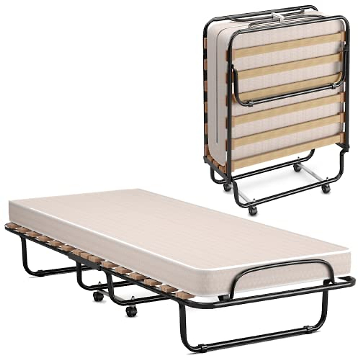 KOMFOTT Folding Rollaway Bed with Mattress, Foldable Bed with Memory Foam Mattress for Adults, Portable Fold Up Guest Bed with Sturdy Steel Frame on Wheels for Home & Office, Made in Italy (Beige)