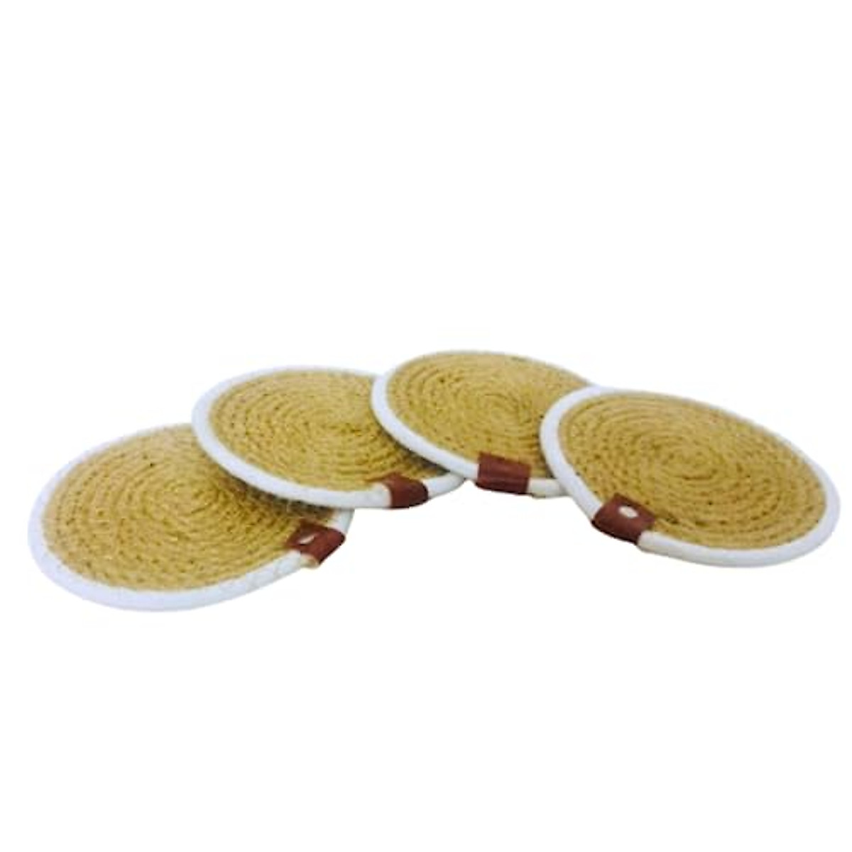 VintFlea Set of 4 Stylish & Sustainable Cotton-Jute Placemats, Perfect for Dining, Coffiee Table, Experience Washable, Heat Resistant Non Slip Small Circle, Round TableMats (6 x 6) Beige & White