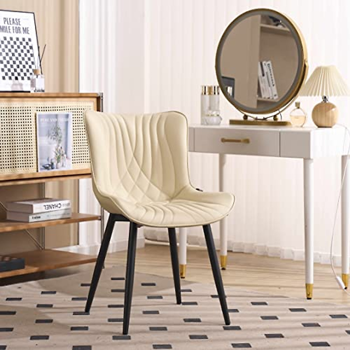 YOUTASTE Dining Chairs Set of 2 Upholstered Mid Century Modern Kitchen Dining Room Chairs Armless Faux Leather Accent Chairs Metal Vanity Lounge Chair with Back for Living Room Bedrooms,Beige