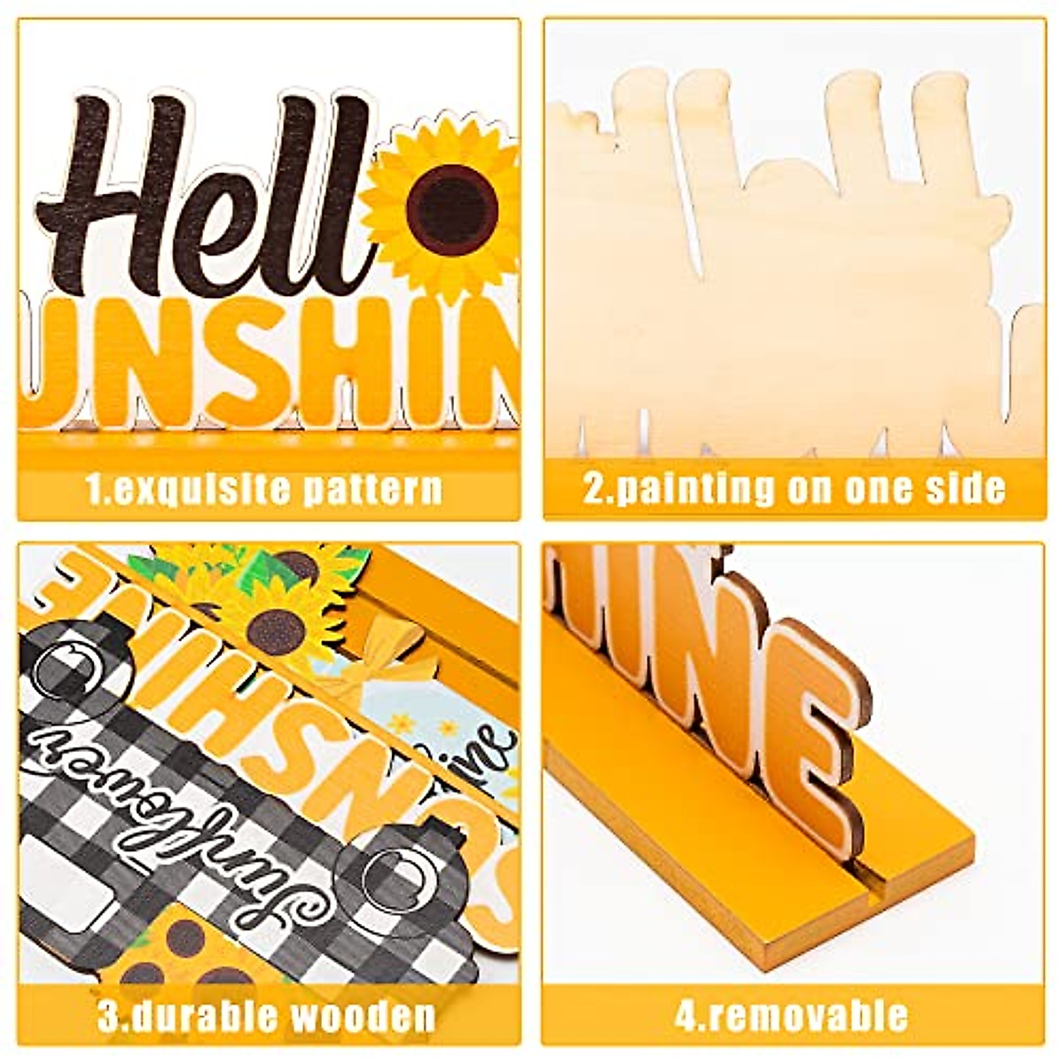 WATINC 3pcs Sunflower Wooden Table Centerpiece Sign Decoration, Hello Sunshine Wood Tabletop Signs, Summer Farmhouse Tiered Tray Table Topper Signs Decor for Home Kitchen Party Favor Photo Props