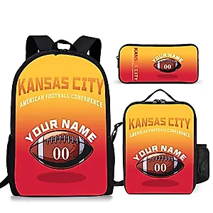 Quzeoxb Personalized Kansas City Backpack Set with Name and Number - 3 Piece School Bag, Lunch Box and Pencil Case for Boys Girls Gifts
