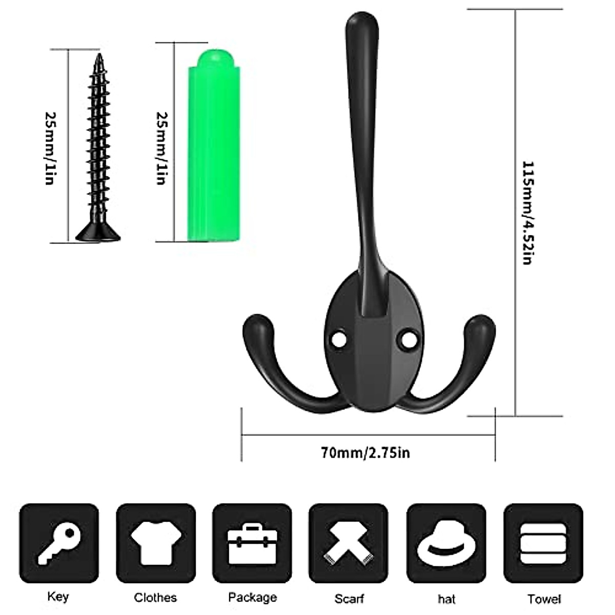 YOUYIDUN 6 Pcs Three Prongs Coat Hooks, Heavy Duty Wall Mounted Clothes Hooks, Black Retro Metal Towel Robe Hooks with Screws for Hanging Coat, Scarf, Bag, Towel, Key, Cap, Hats, Robes Hooks