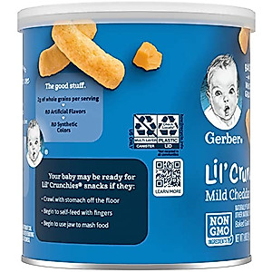 Gerber Lil Crunchies Baked Grain Snack, Mild Cheddar, Baked with Whole Grains & Non GMO Ingredients, For Crawlers 8 Months & Up, 1.48-Ounce Canister (Pack of 2)