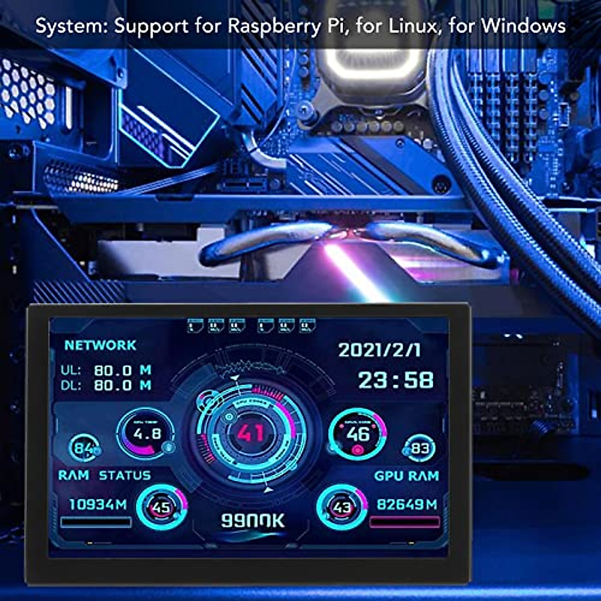 Computer Temp Monitor, 5in IPS USB Mini Screen Display Multi System Support PC Sensor Panel Dynamic Display Monitor PC CPU RAM HDD Data Monitor