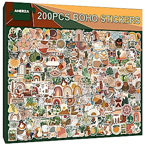 ANERZA 200 PCS Aesthetic Boho Stickers, Cute Vinyl Waterproof Stickers for Water Bottles Laptop Phone Journaling Scrapbook Junk Journal, Small Business Supplies, Plant Sticker Packs for Adults Teens