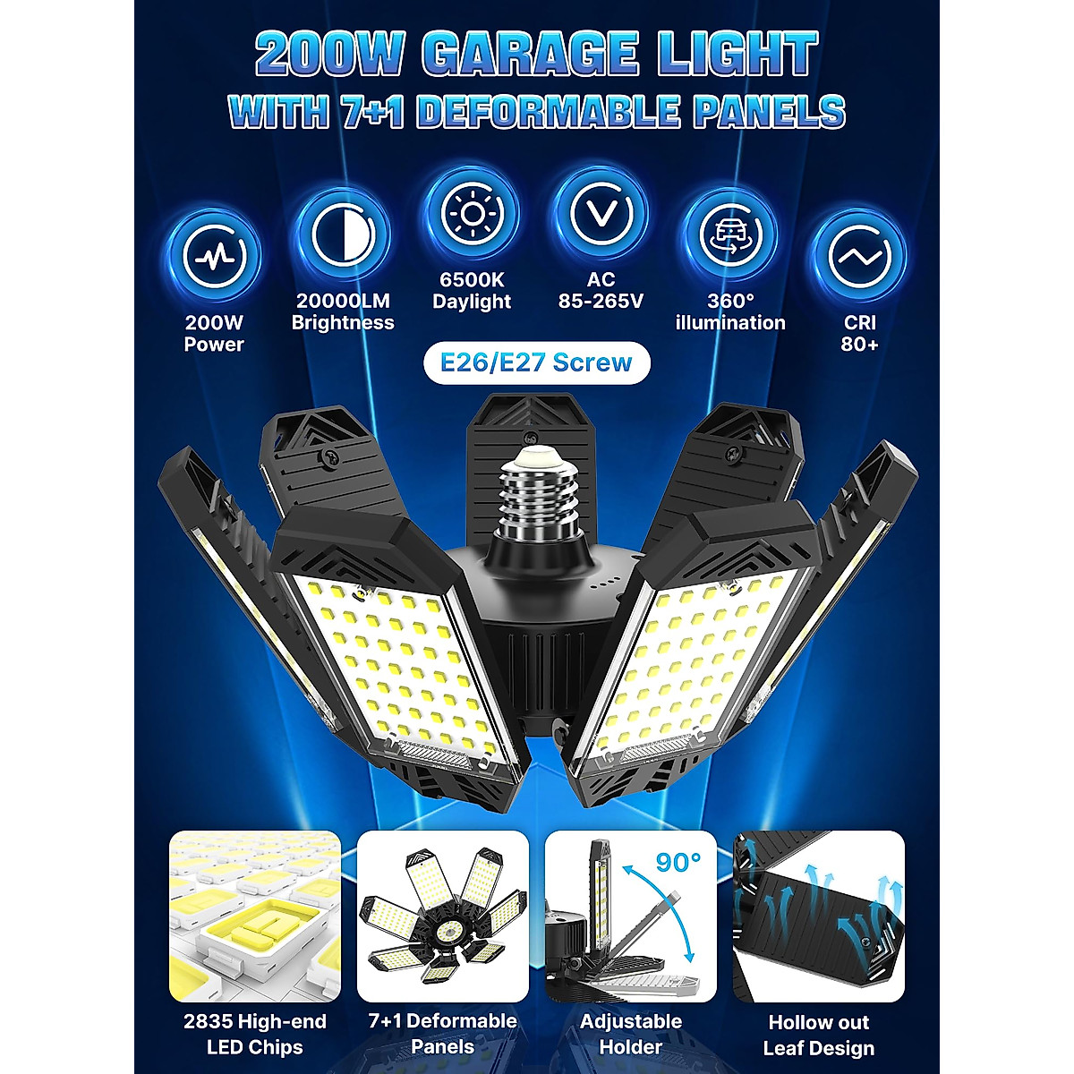 HAPYLUMI LED Garage Light 200W, Super Bright Garage Lights 20000LM Garage Lights Ceiling Led with 7 Adjustable Panels 6500K Led Shop Lights Screw in E26/E27 Bulb Socket for Garage Basement Lighting