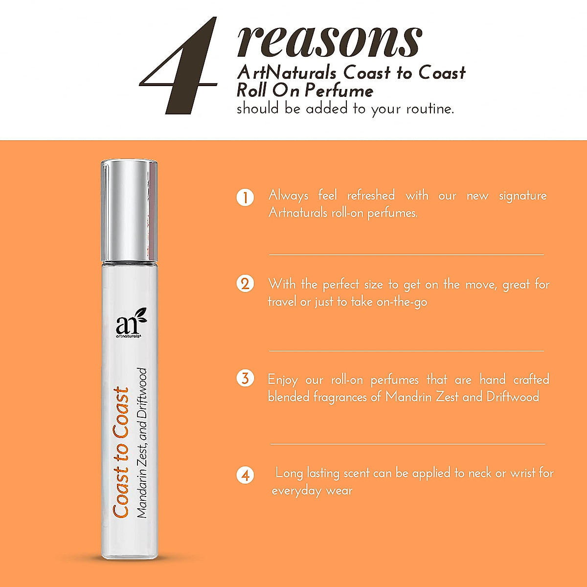 Artnaturals Coast to Coast - Roll On Perfume - Rollerball Fragrance - Mandarin Zest & Driftwood Scent - .33 oz