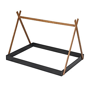 KTVTK Full Size Tent Floor Bed with Triangle Structure, Montessori Bed Frame w/Wood Teepee Design,Easy to Assemble for Kids Boys Girls Bedroom,Black+Brown