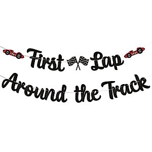 First Lap Around The Track Birthday Banner -Vintage Race Car 1st Birthday Decorations, Retro Race Cars Theme Checkered Flag First Birthday Party supplies Black Glitter