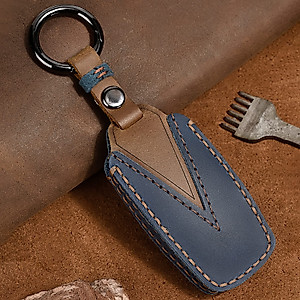 OLLEN Genuine Leather No Screws Key Fob Cover Fit for BMW 1 3 4 5 6 7 Series X3 X4 M5 M6 GT Series etc, Square Shape, Blue