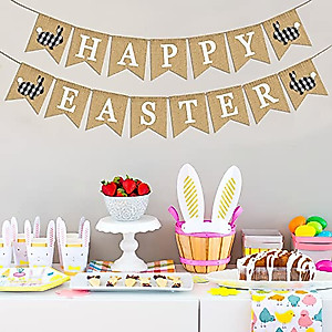 Happy Easter Burlap Banner with Buffalo Plaid Bunny - NO DIY - Rustic Farmhouse Easter Decorations - Easter Bunny Bunting Garland for Mantel Fireplace - Spring Easter Party Decoration