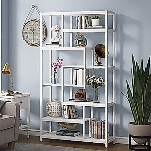 Tribesigns 8-Shelves Staggered Bookshelf, Rustic Industrial Etagere Bookcase for Office, Vintage Book Shelves Display Shelf Organizer for Home Garden (White)